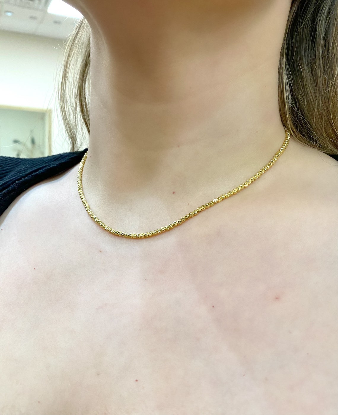 14k Moon Cut Chain. Beaded Diamond Cut Choker Chain. Shiny Gold ...