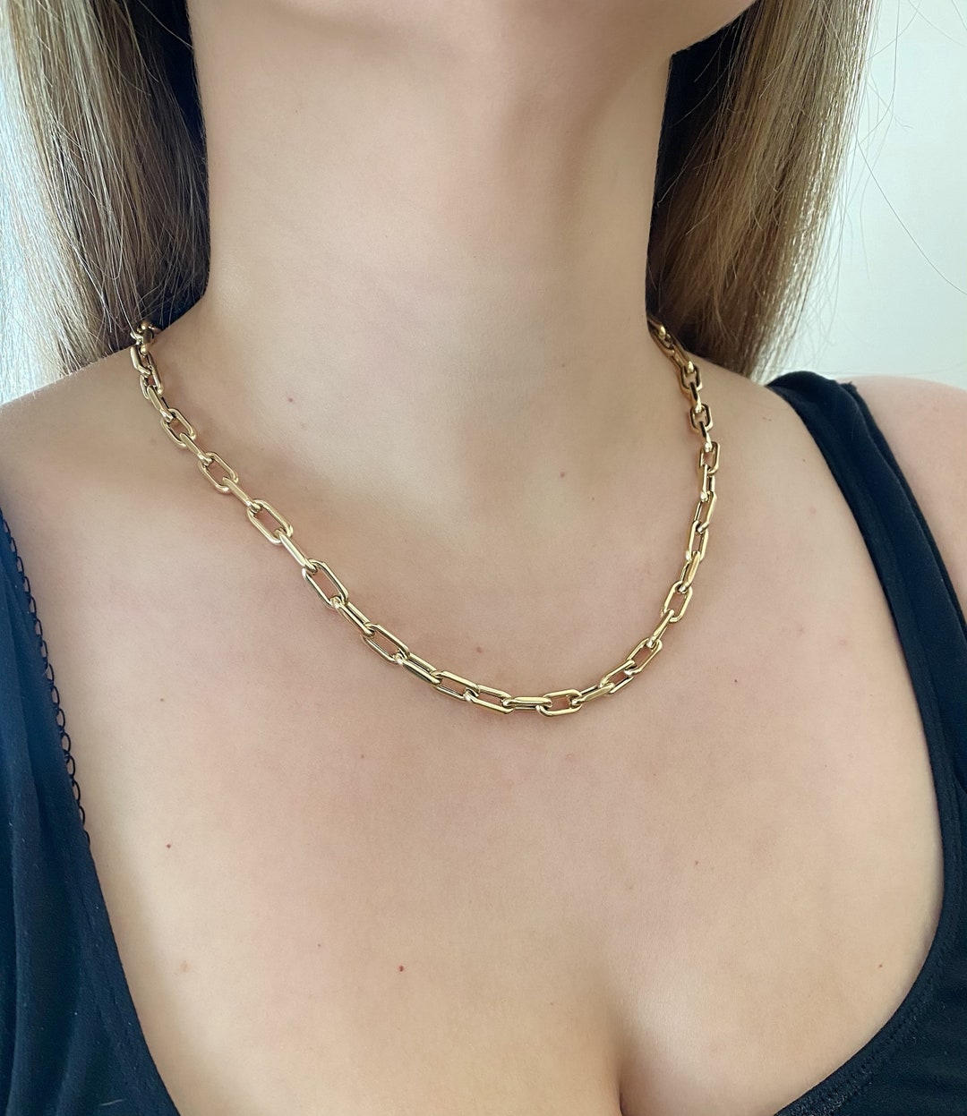 14k Paper Clip Gold Chain. Trendy Real Gold Puffed Paper Clip Link ...