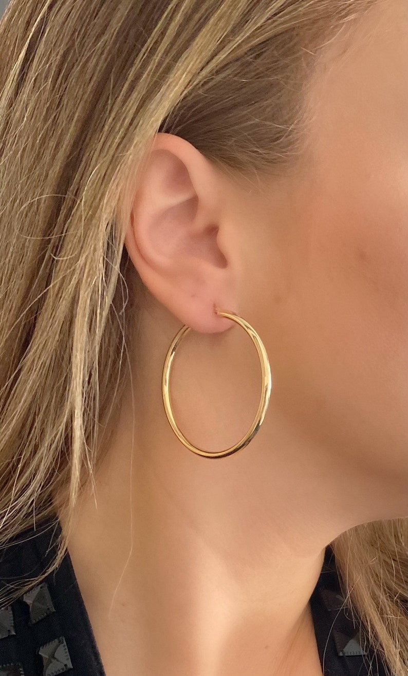 14k Gold 2 Inch Hoop Earrings. 2 Inch 3mm Yellow Gold Hoop - Etsy