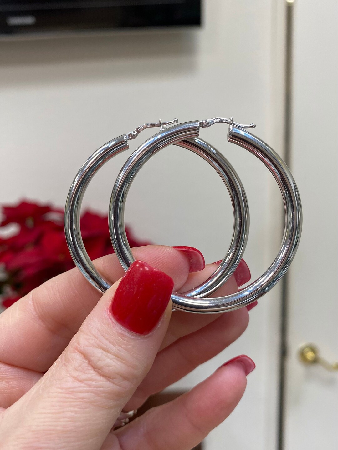 14k White Gold Hoop Earrings. 2 Inch Long White Gold Hoop Earrings ...