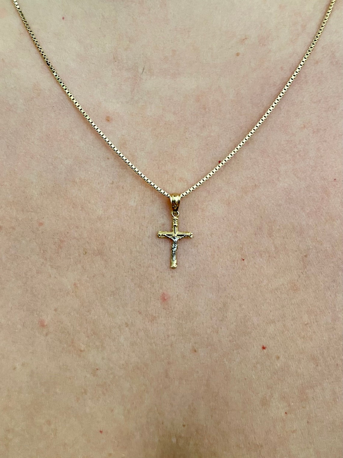 14k Dainty Two Tone Crucifix Pendant. Small Cute Crucifix. Baptism Gift ...