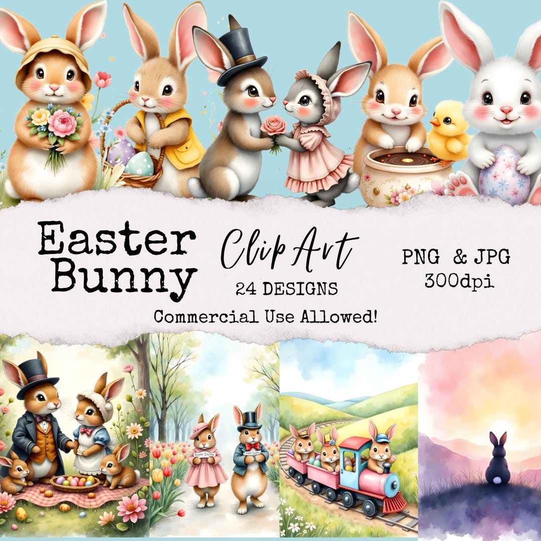 Easter Bunny Clipart Bundle for Digital Crafts, PNG & JPG, 24 Designs ...