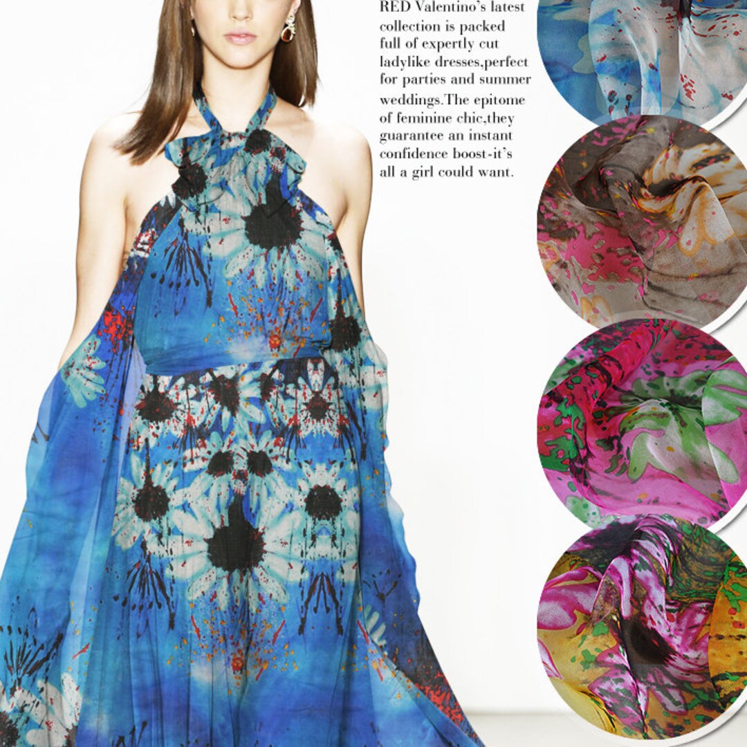 Sunflower Print Blue 100% Pure Silk Chiffon Fabric for Summer Fabric ...