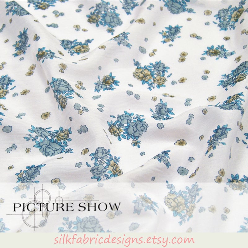 Blue Small Floral Print White Silk Cotton Blend Fabric by the - Etsy ...