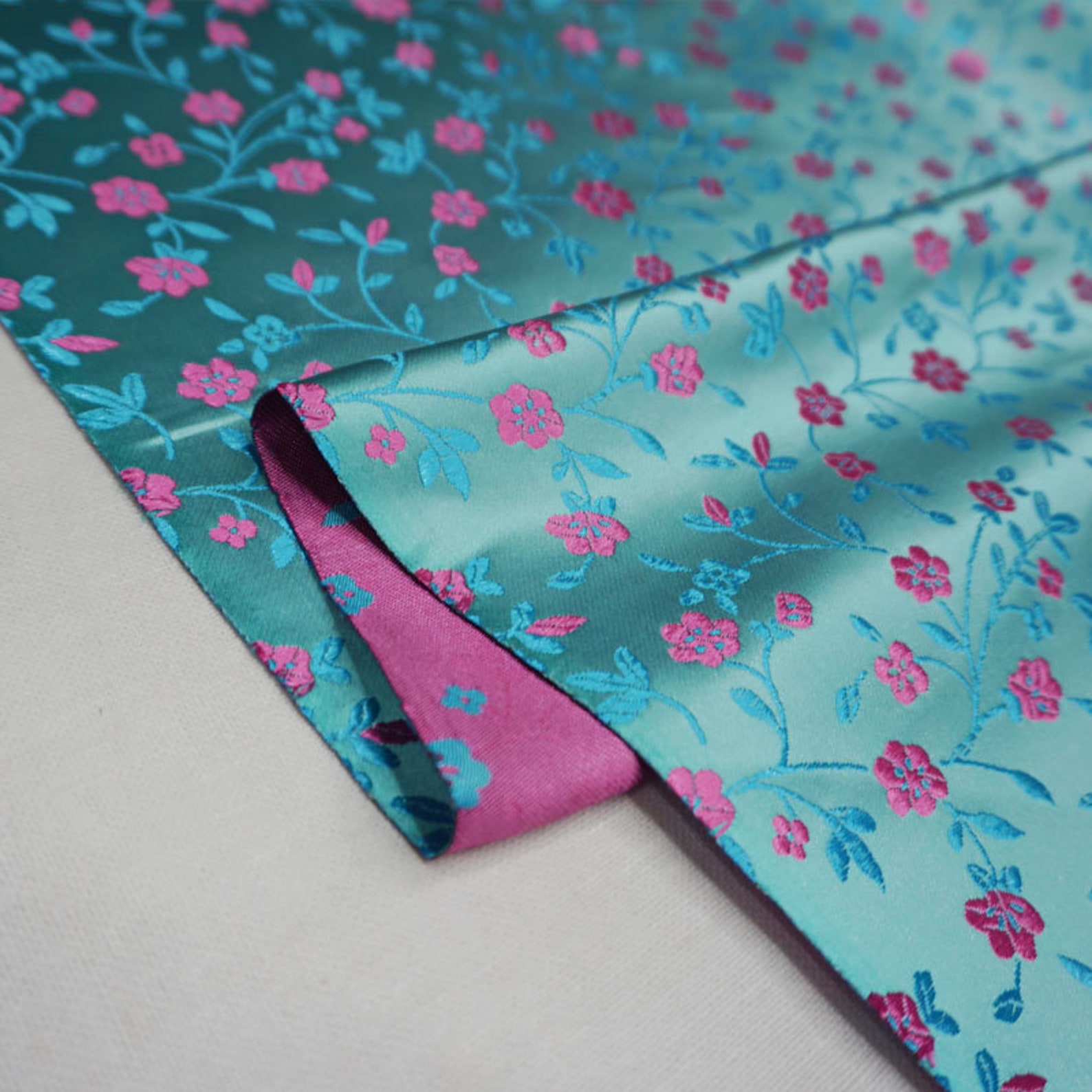 Blue Brocade Satin Fabric Wit Small Floral Print Fabric by - Etsy
