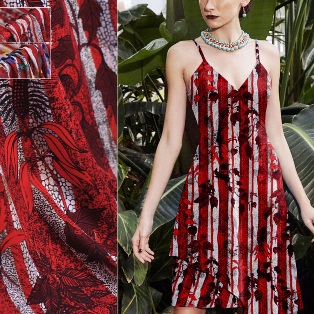 Red Stripe 100% Stretch Silk Fabric With Leaves Print Fabric - Etsy