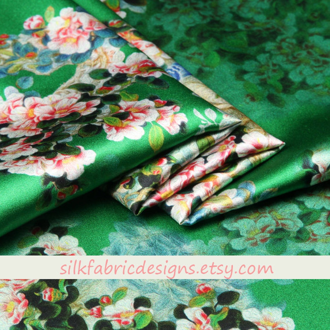 Small Floral Print Green 100% Stretch Silk Satin Fabric Width | Etsy