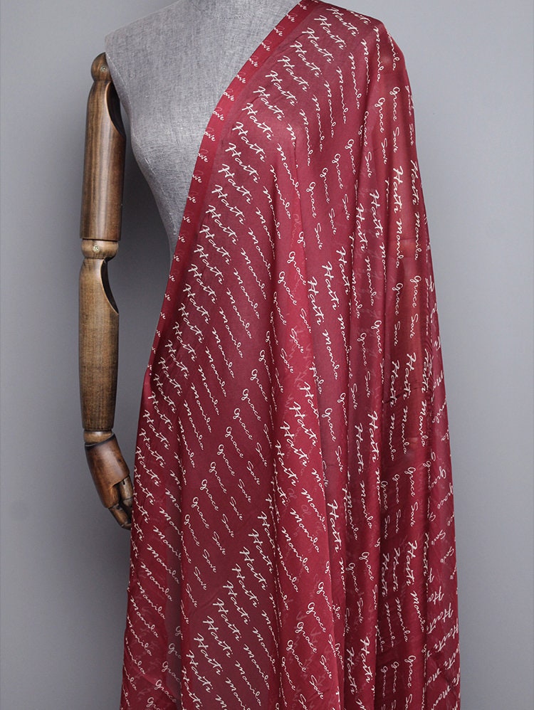Letter Print Wine Red 100% Pure Silk Chiffon Fabric by the - Etsy