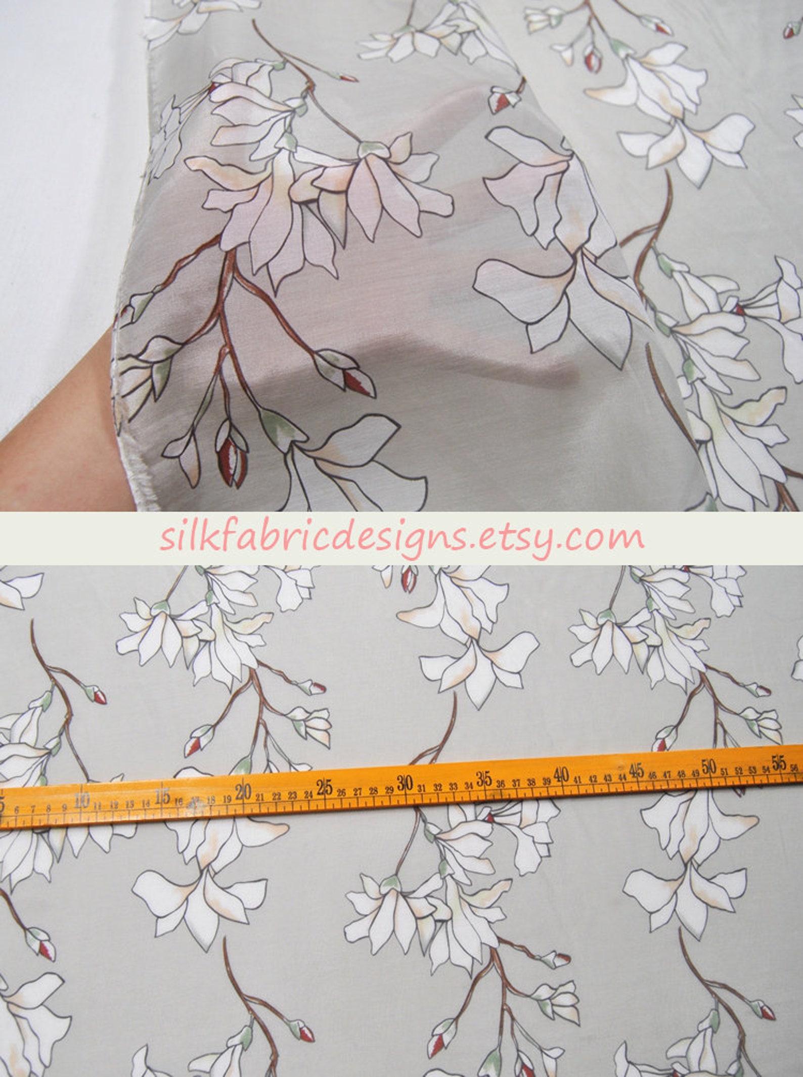 Light Gray Silk Cotton Blend Fabric With Art Floral Print Fabric by the ...