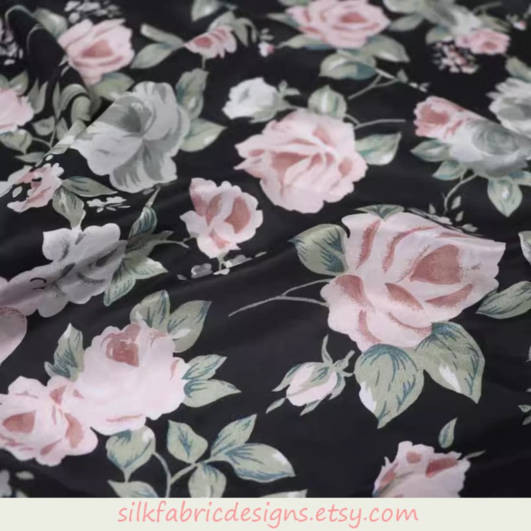 Black Silk Crepe De Chine Fabric With Rose Floral Print Fabric by the ...