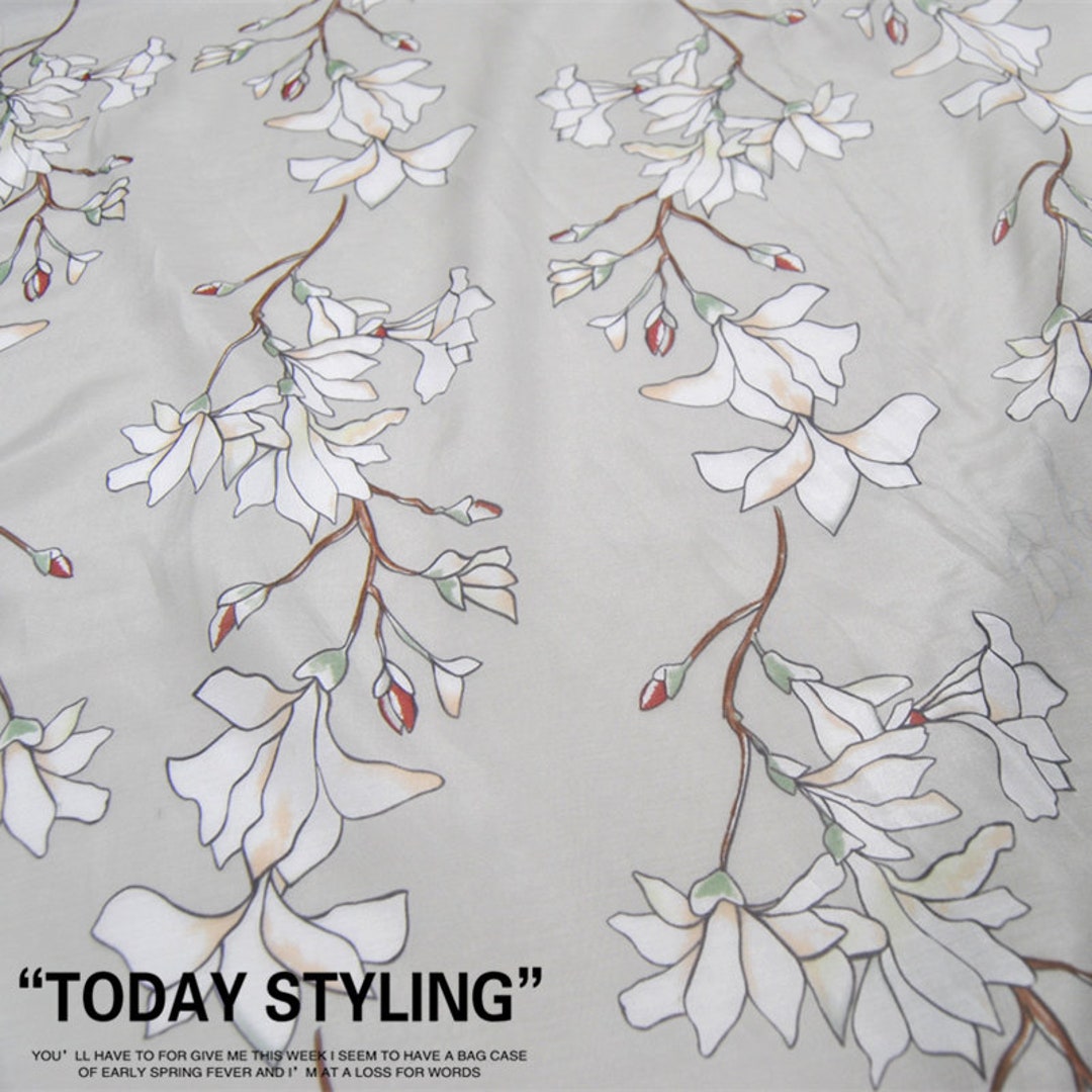 Light Gray Silk Cotton Blend Fabric With Art Floral Print Fabric by the ...