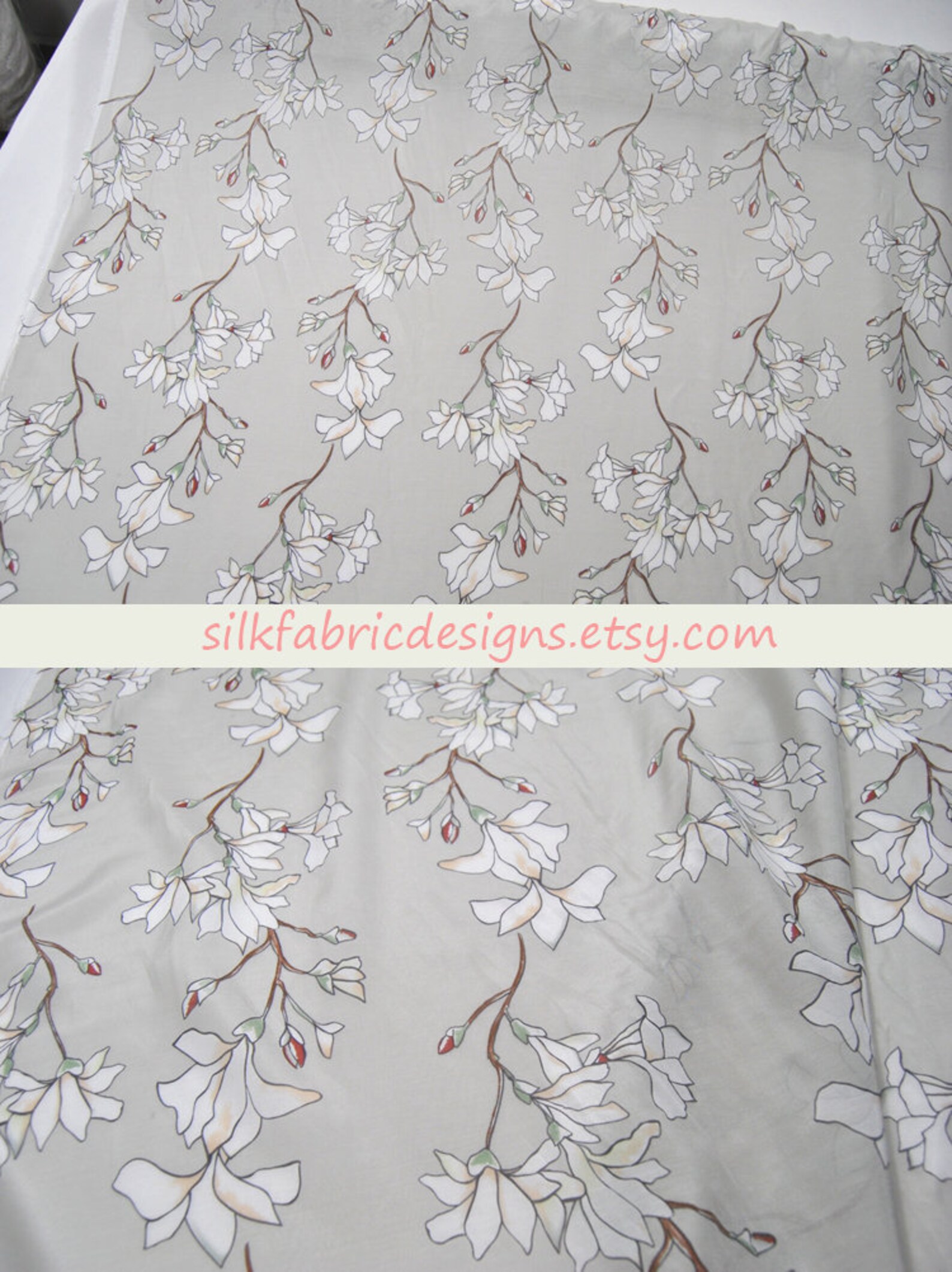 Light Gray Silk Cotton Blend Fabric With Art Floral Print Fabric by the ...