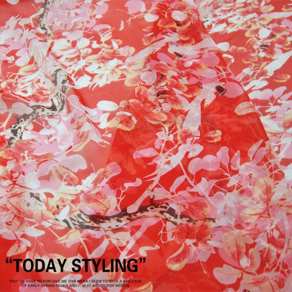 Red 100 Pure Silk Chiffon Fabric With Floral Print Fabric Width 55 Inch Etsy UK