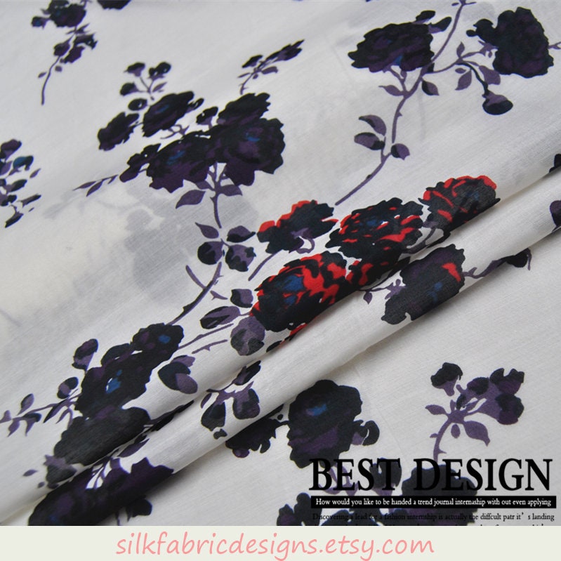 Dark Purple Floral Print White Silk Cotton Blend Fabric by the - Etsy ...