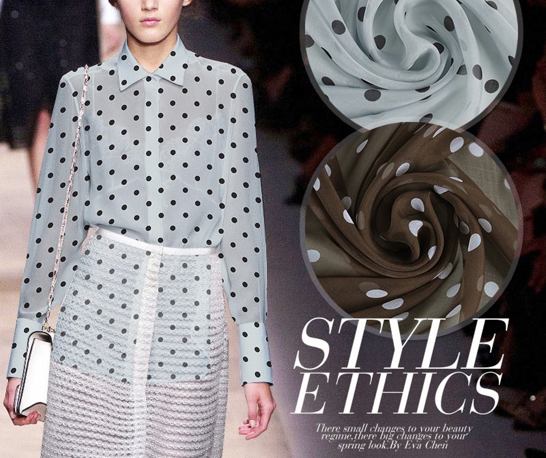 Blue Gray Silk Chiffon Fabric With Dots Print Fabric by the Yard or ...