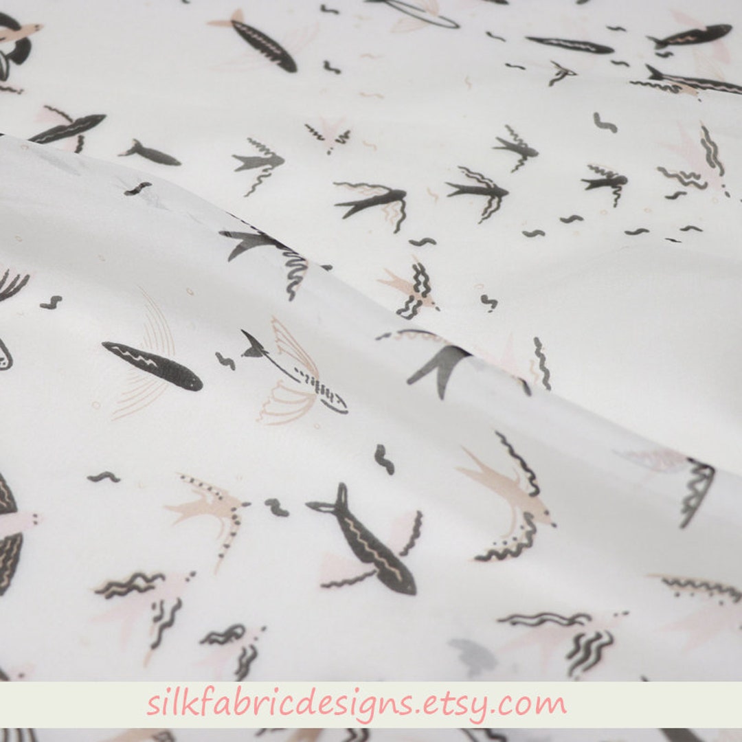 White Pure Silk Chiffon Fabric With Fish Print Fabric Width 53 Intch - Etsy