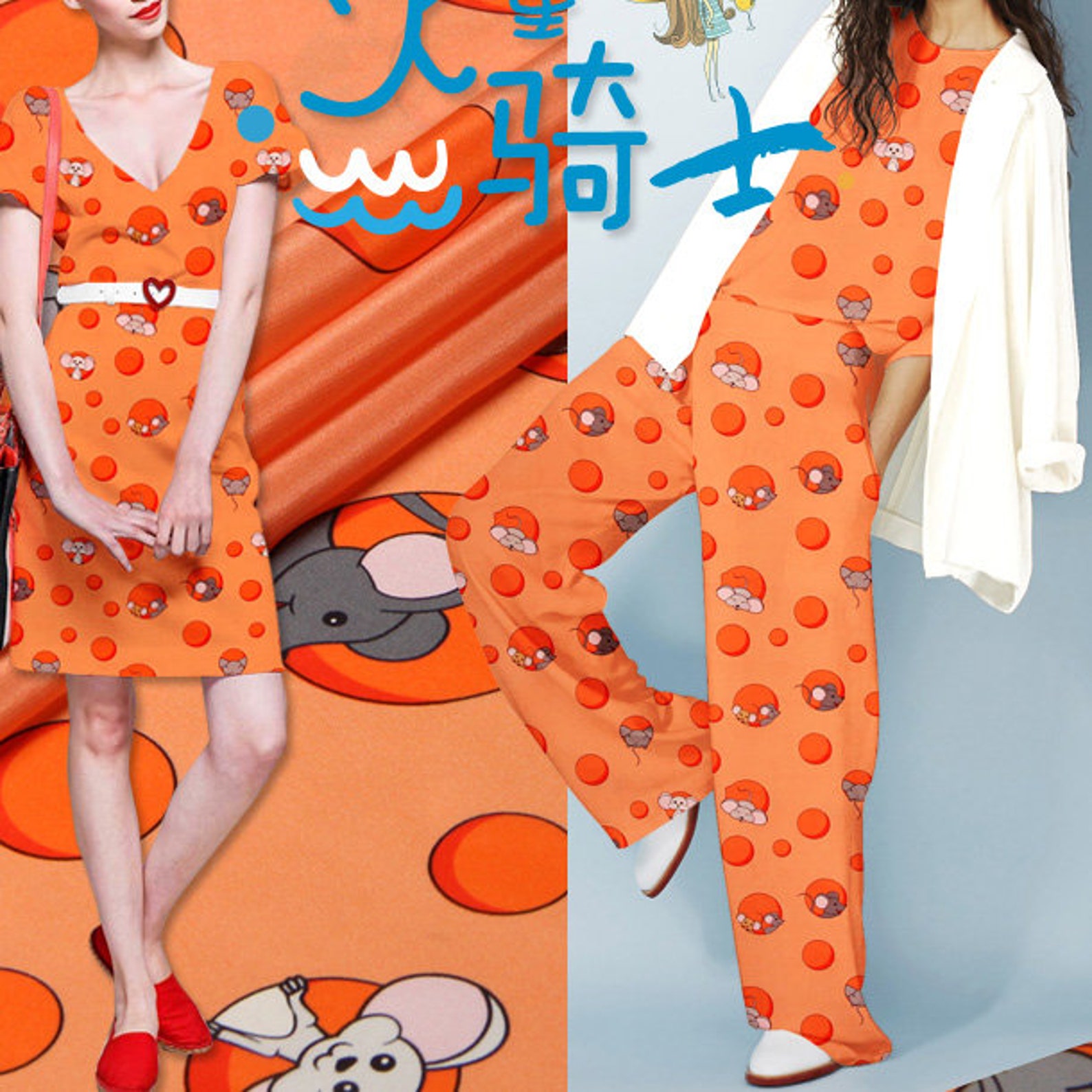 Cartoon Mouse Print Summer Orange 100% Silk Crepe De Chine Fabric Width ...