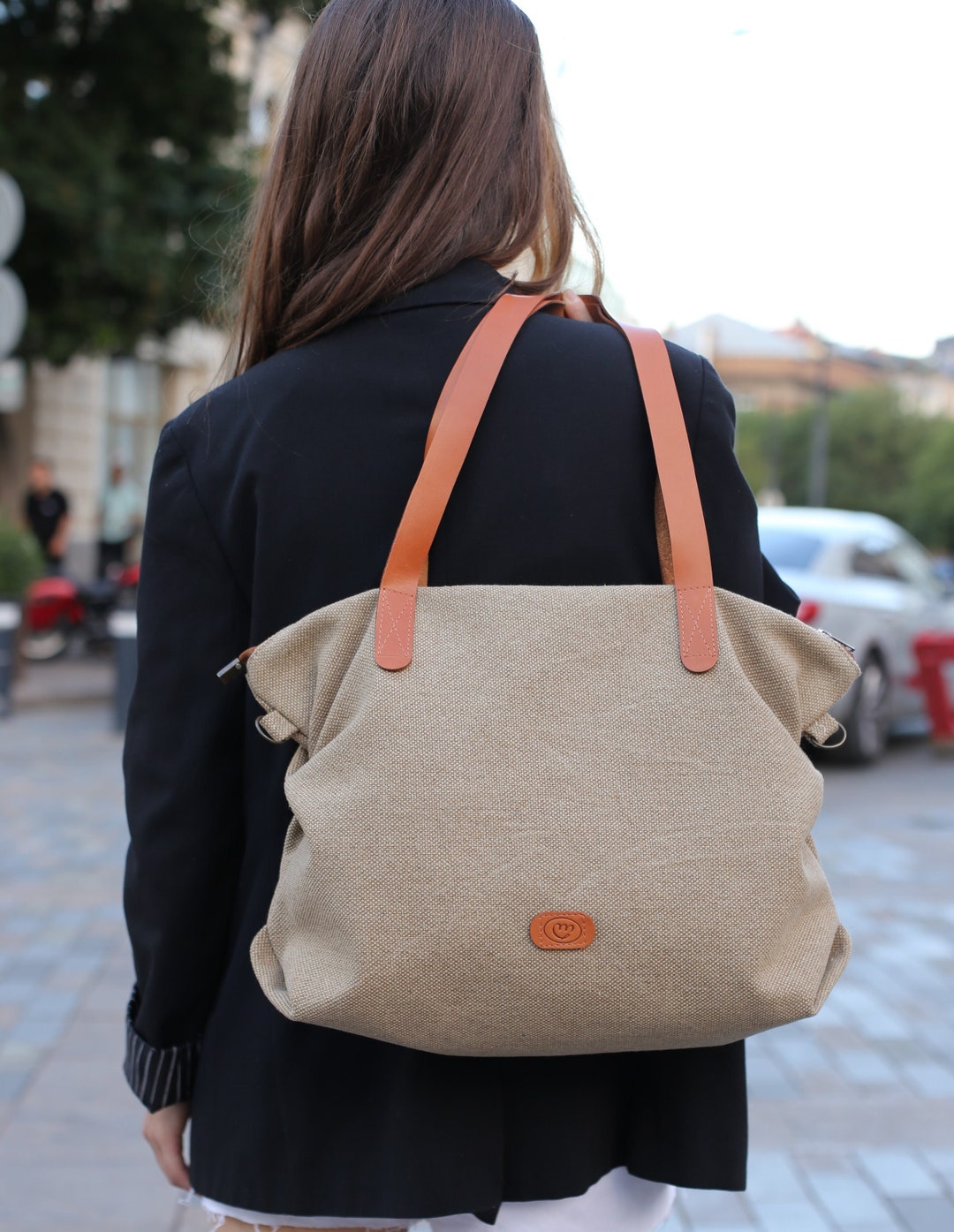 Canvas Shoulder Bag With Leather Handles, Women's Canvas Vintage ...