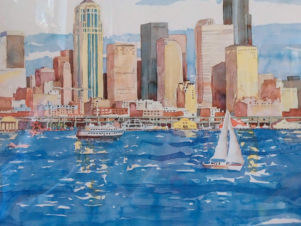 1990's Barbara Froula Watercolor sunset From Elliott Bay, Seattle ...