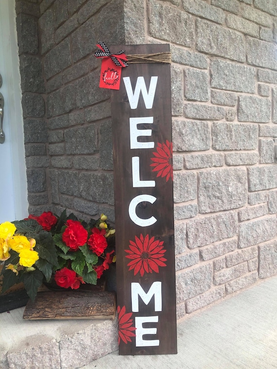 WELCOME SIGN With Red Flowers Red Welcome Sign Front Door - Etsy