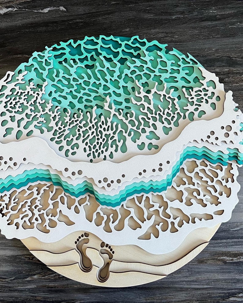 Layered Ocean Natural Wood Ocean 3D Feet in the Sand Laser - Etsy