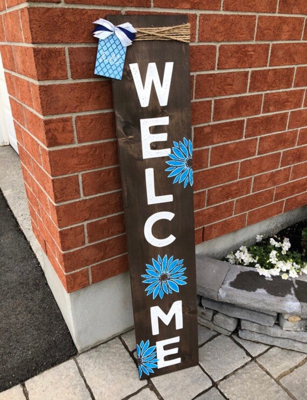 WELCOME SIGN With Blue Flowers and Tag, Blue Welcome Sign, Outdoor ...