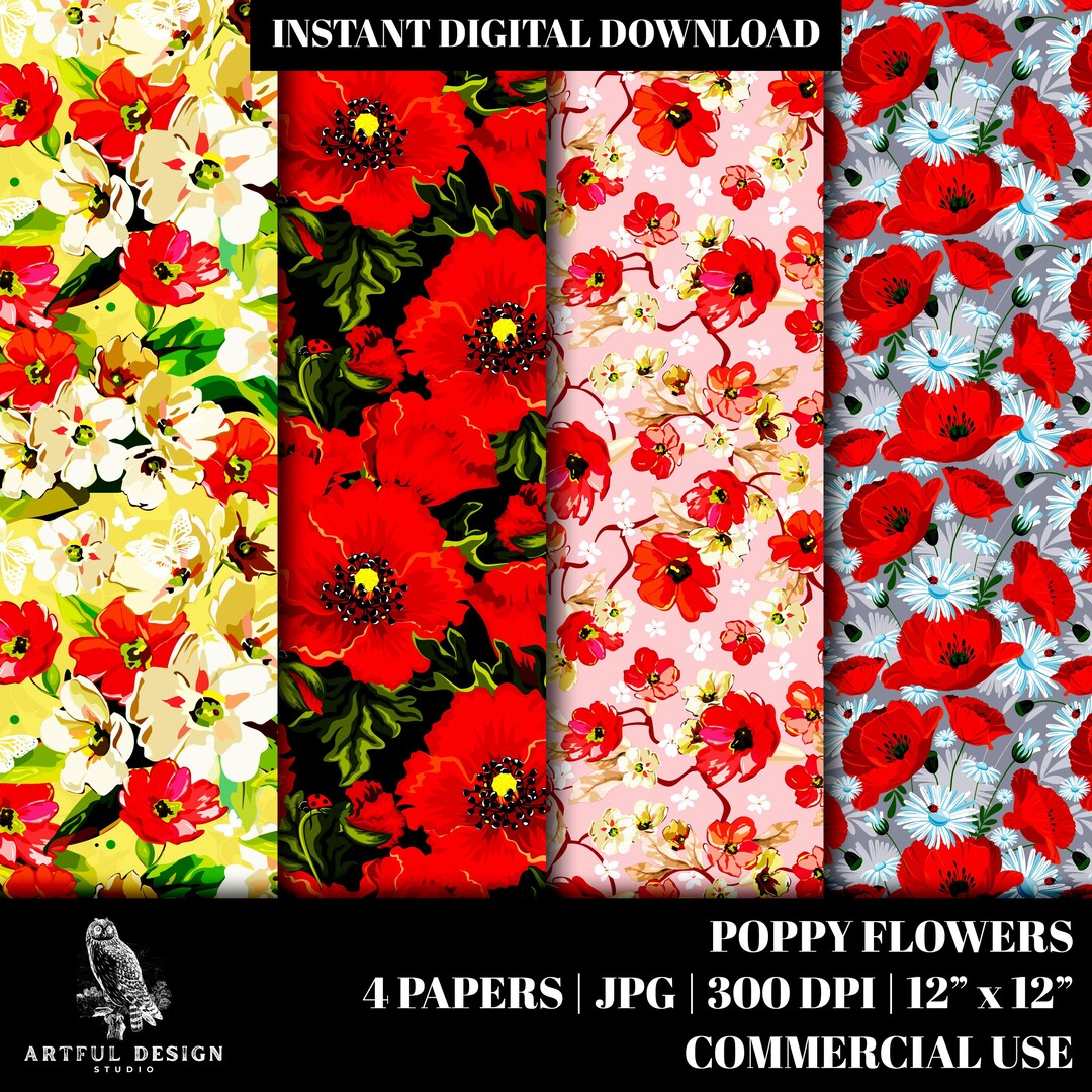 Poppy Digital Paper, Poppy Background, Poppy Sublimation, Poppy Pattern ...