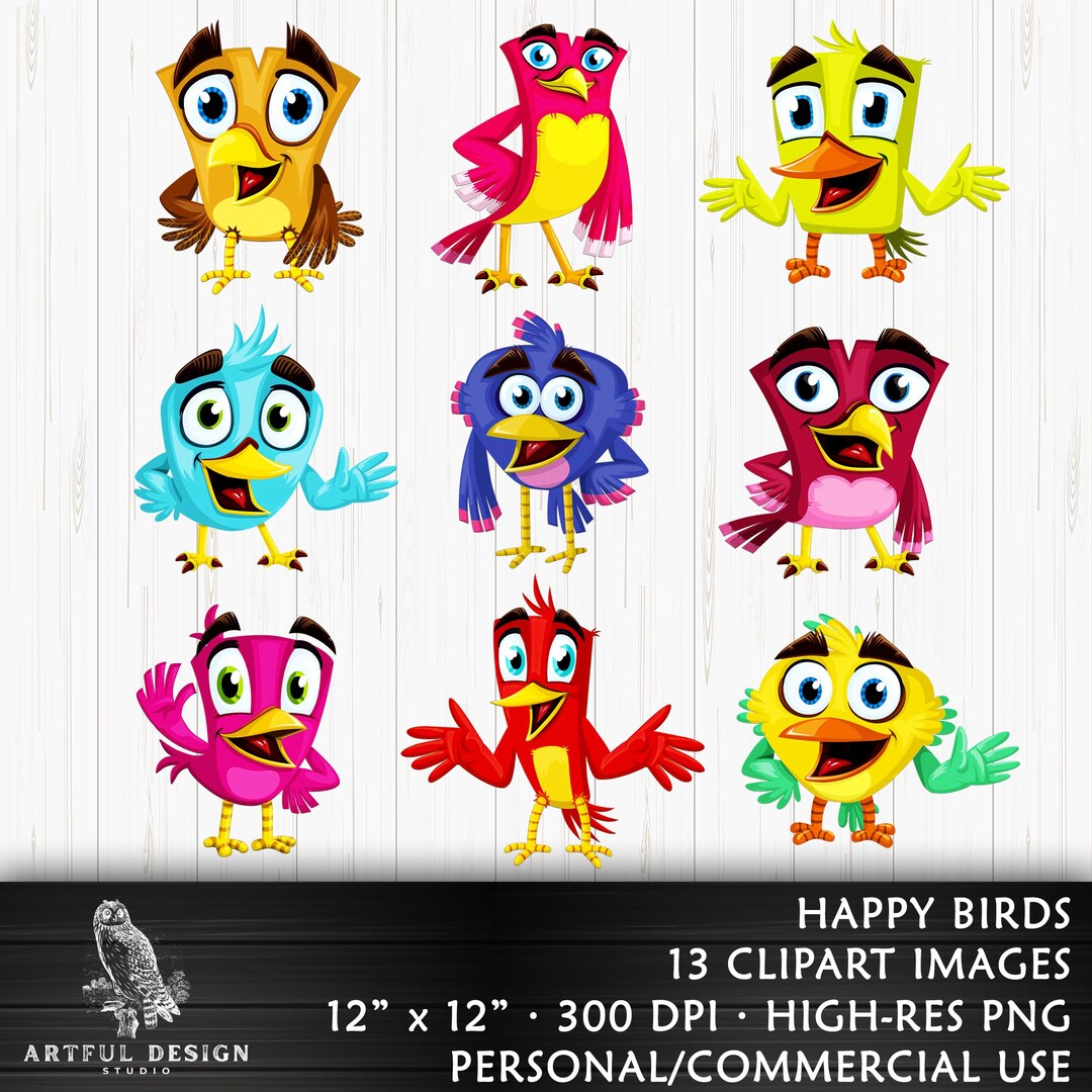 Digital Bird Clipart, Cartoon Bird PNG, Happy Bird Clip Art, Funny Bird ...