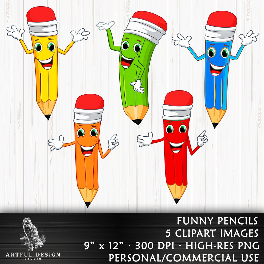 Funny Pencil Clipart, Cute Pencil PNG, Back to School Clipart, Teacher ...