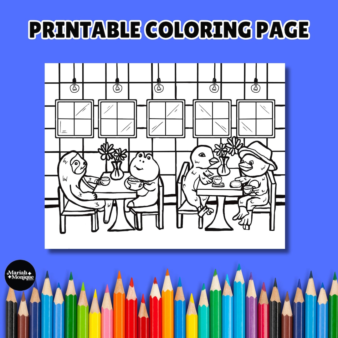 Coffee Shop Coloring Page Printable Bold Animals Simple - Etsy