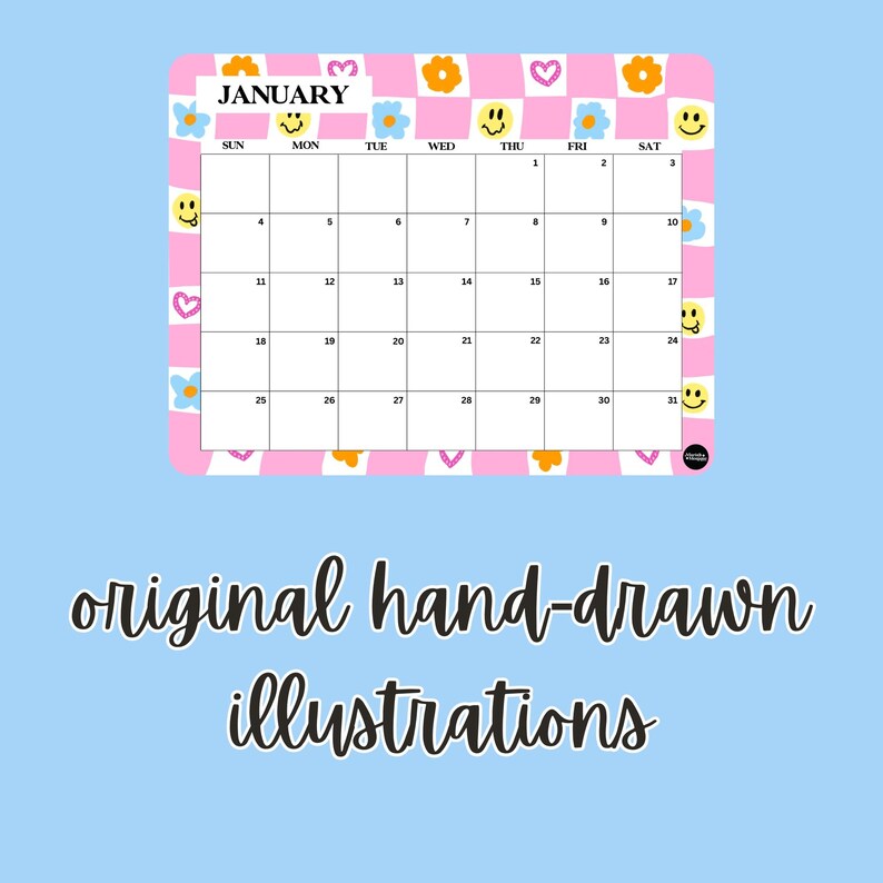 2026 Printable Calendar • Retro Checkered Floral Planner (digital ...
