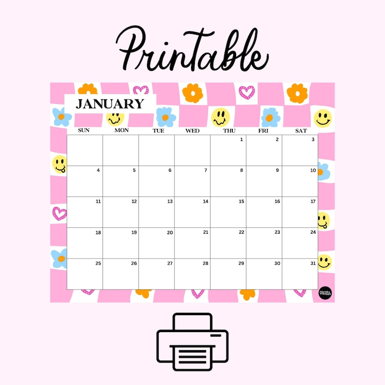 2026 Printable Calendar • Retro Checkered Floral Planner (digital ...