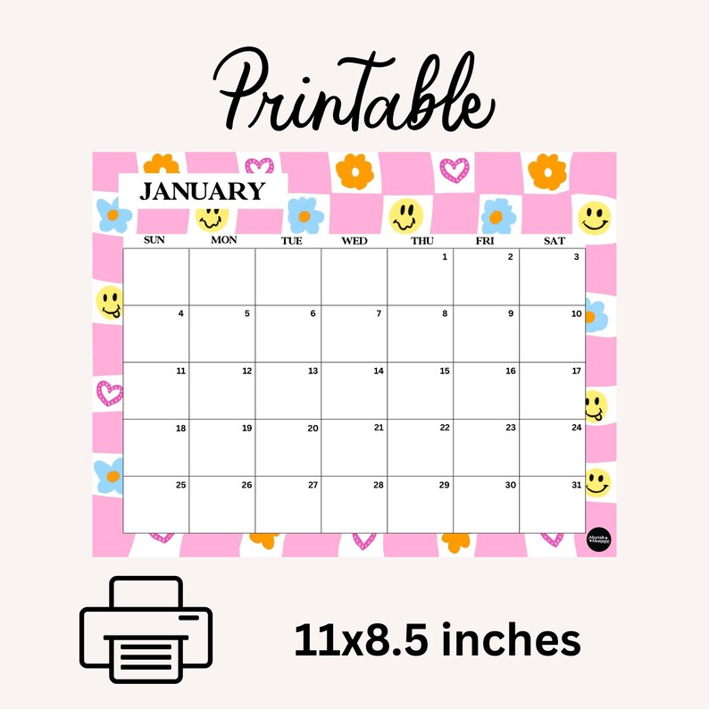 2026 Printable Calendar • Retro Checkered Floral Planner (digital ...