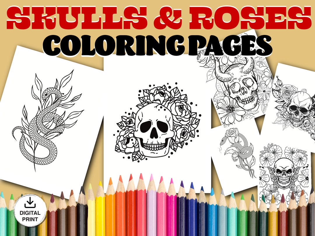 Skulls & Roses Tattoo Coloring Book Pages, 15 Coloring Pages, Bundle ...