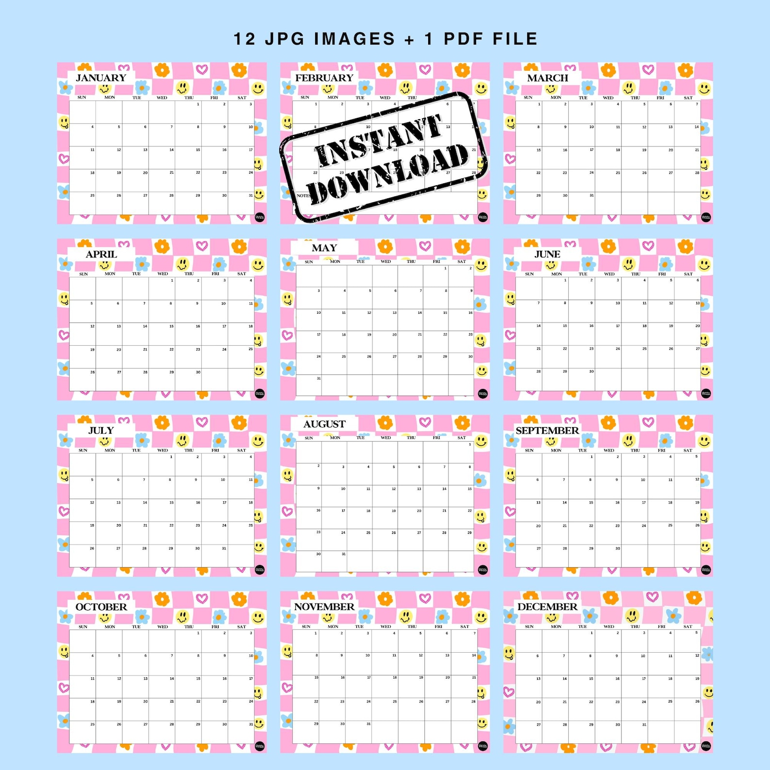 2026 Printable Calendar • Retro Checkered Floral Planner (digital ...