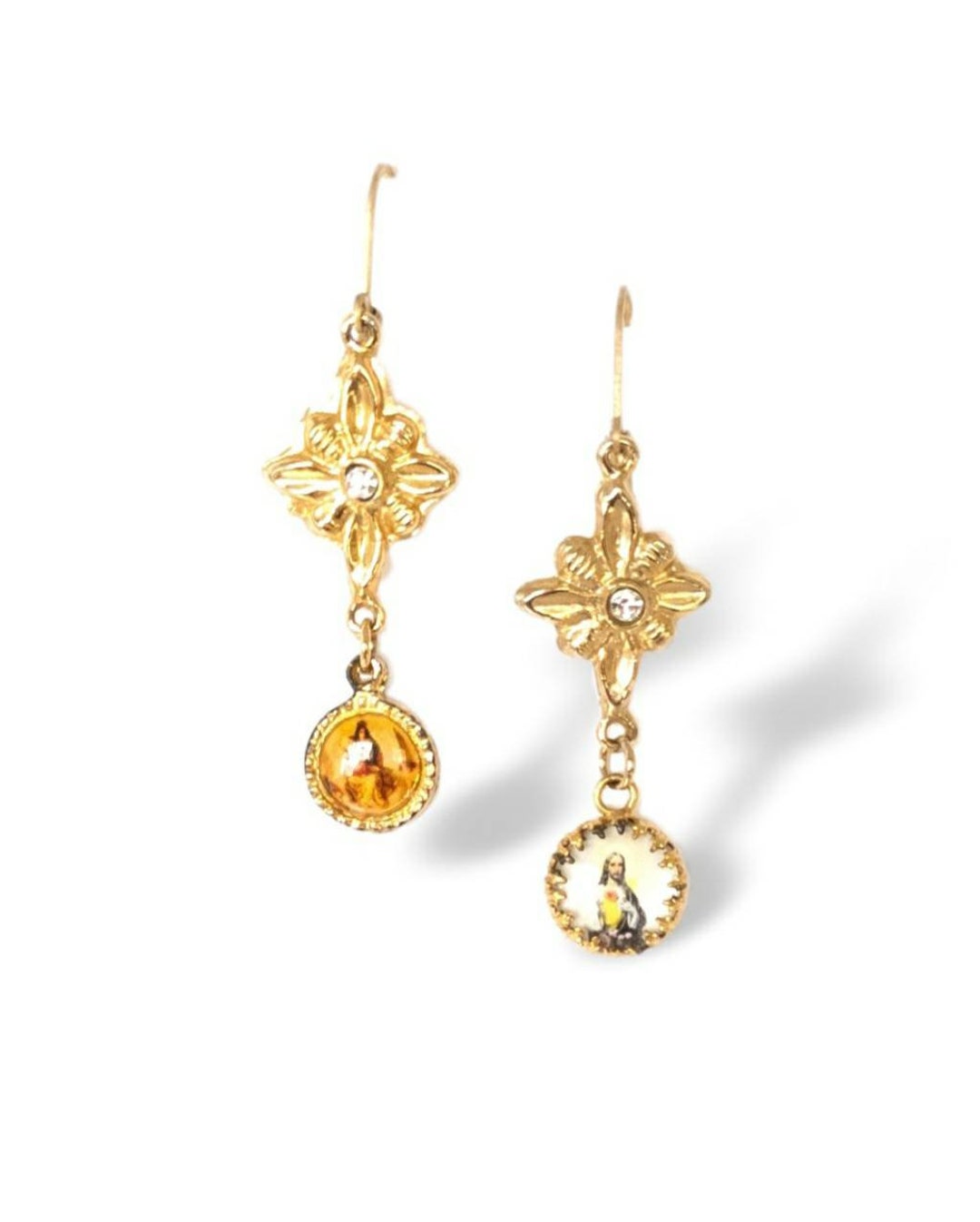 Vintage Virgin Mary Earrings, Mismatched Sacred Heart Catholic Earrings ...