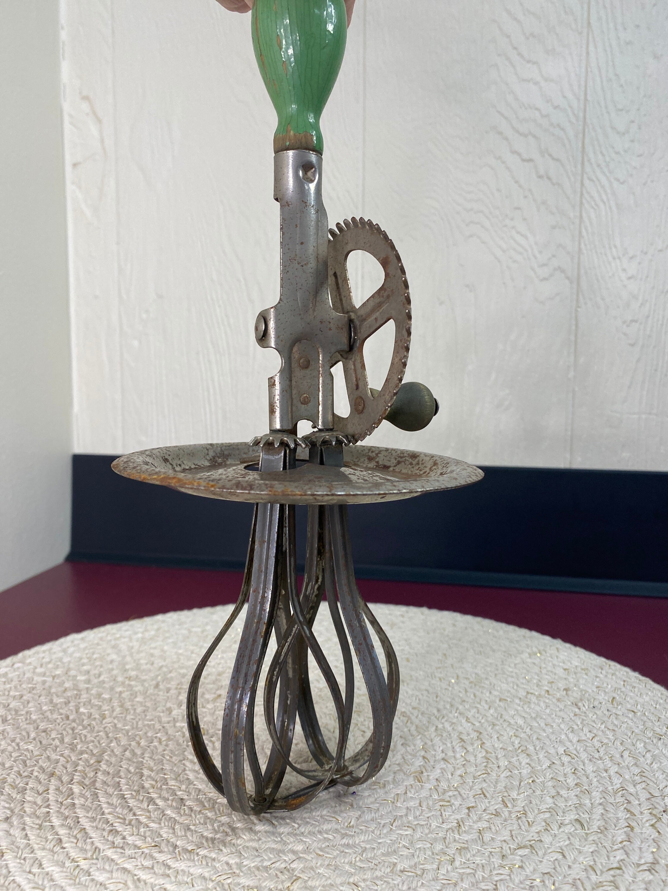 Antique A&J Green Handle Egg Beater for Measure Cup or Bowl Hand Mixer ...