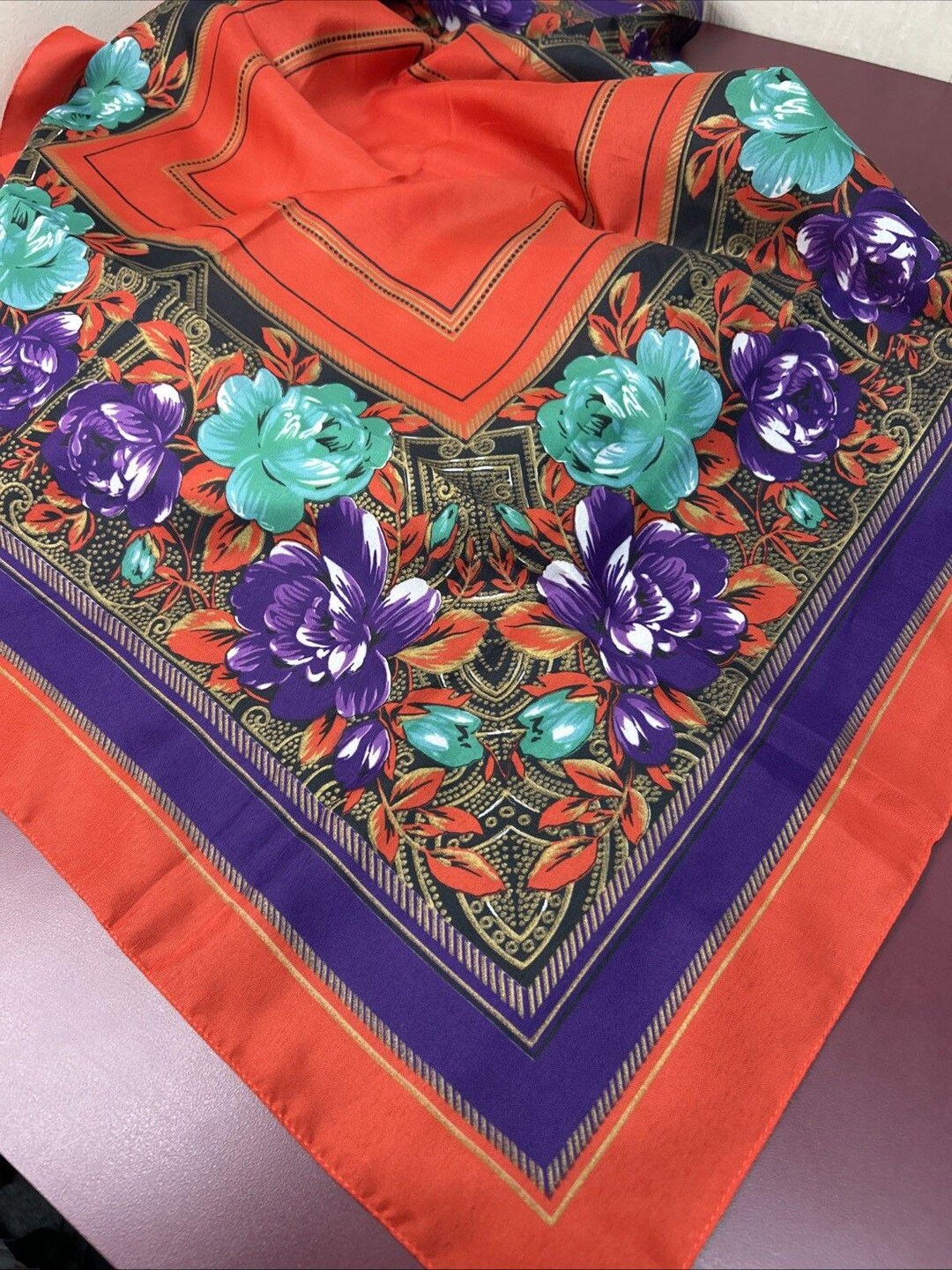 Italian Scarf Purple Floral Square Neck Hair Made in Italy Vintage ...