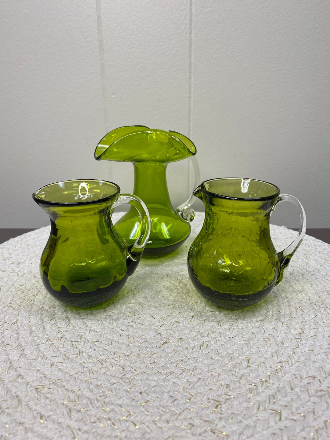 Vintage Hand Blown Art Glass Pitchers Artist Blown Green Glass Lot of 3 ...