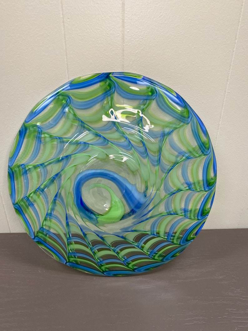 Large Hand Blown Art Glass Bowl With Blue Green Swirl Pattern Etsy