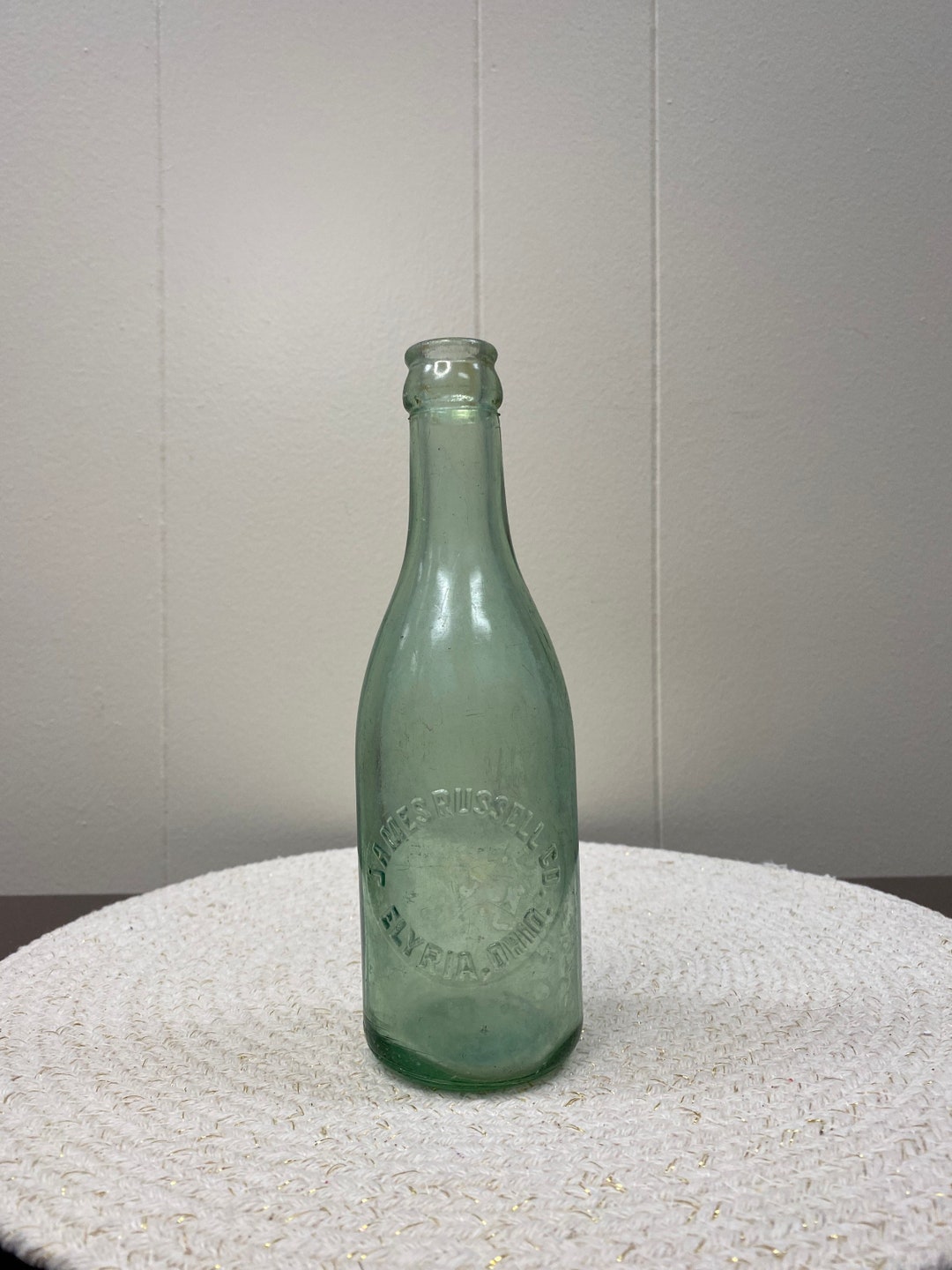 Antique Glass Bottle James Russell Co. Elyria Ohio Salvage Green Glass ...