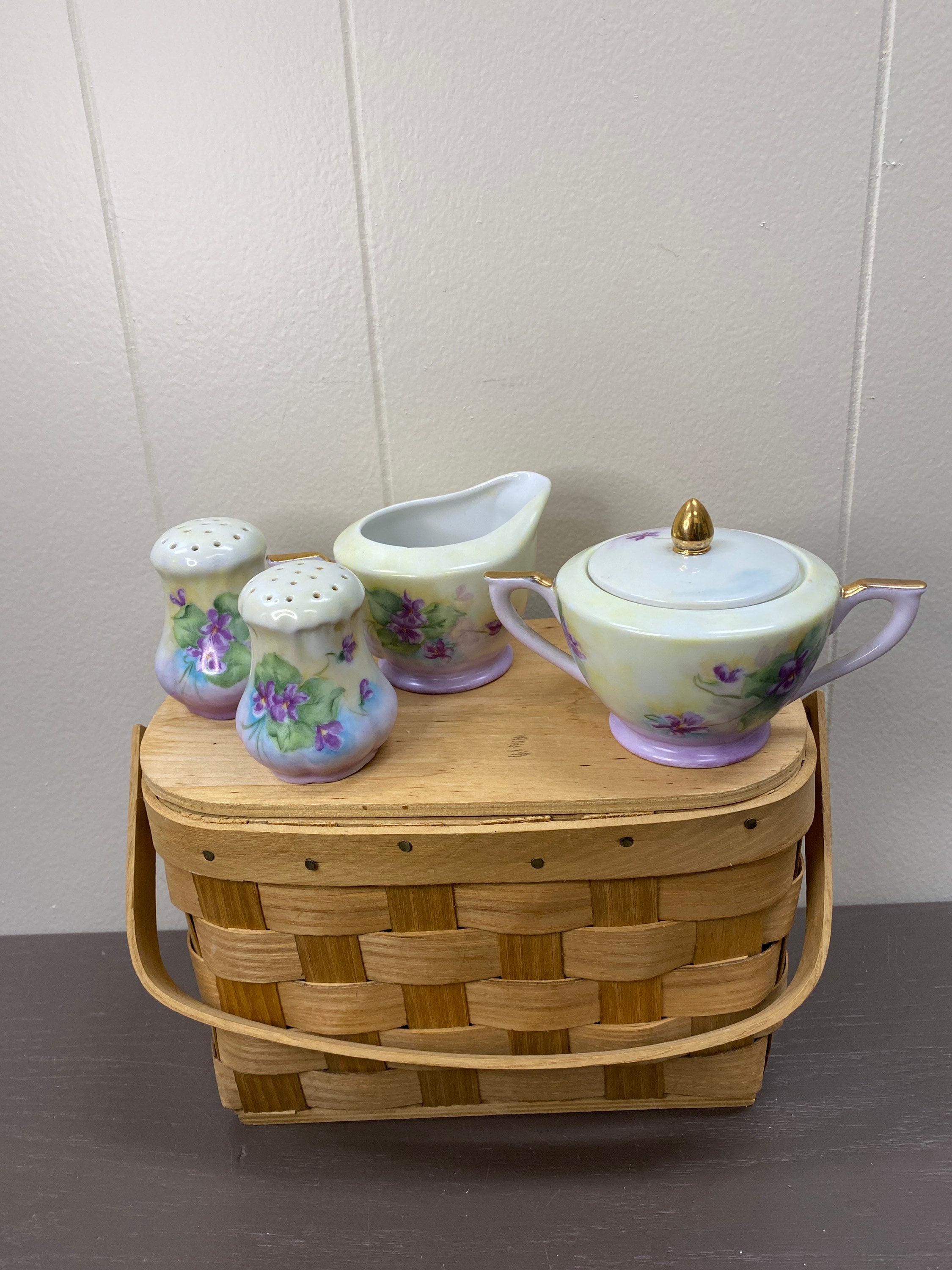 Hand Painted Porcelain Cream Sugar Salt Pepper Violet Viola - Etsy