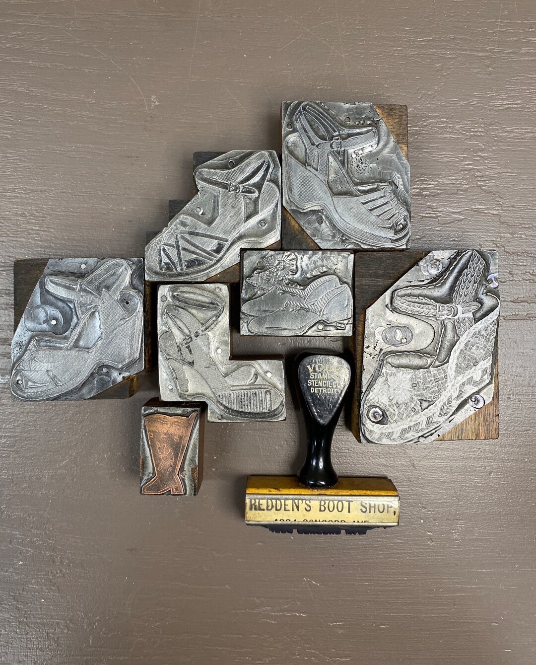 7 Vintage Mod Shoe Printing Press Blocks With Reddens Boot Shop Stamp ...