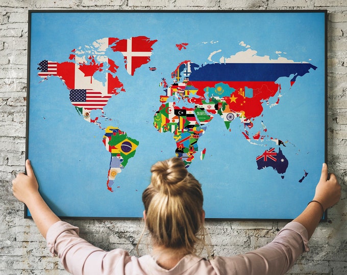 World Map National Country Flags Large Poster Art Print Custom Gift A0 ...