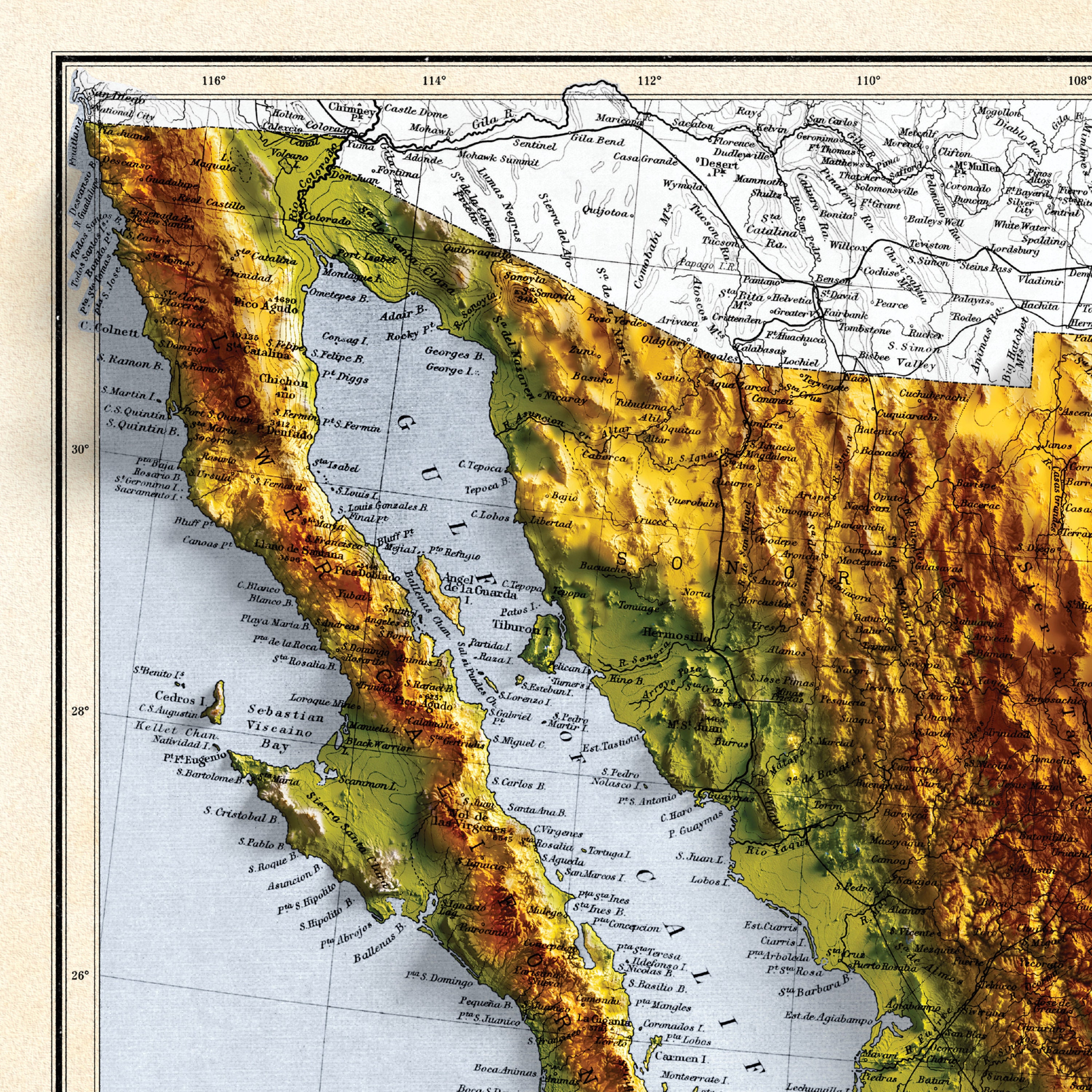 Mexico Topographic Map - 2D Giclée Print - 3D Effect Shaded Relief ...