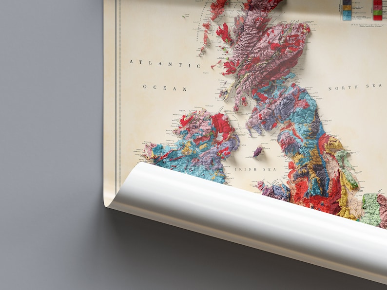 British Islands Geology Elevation Map - 2D Giclée Vintage United ...