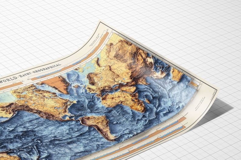 World Bathymetry - Shaded Relief Map - Detailed Topography - Vintage ...