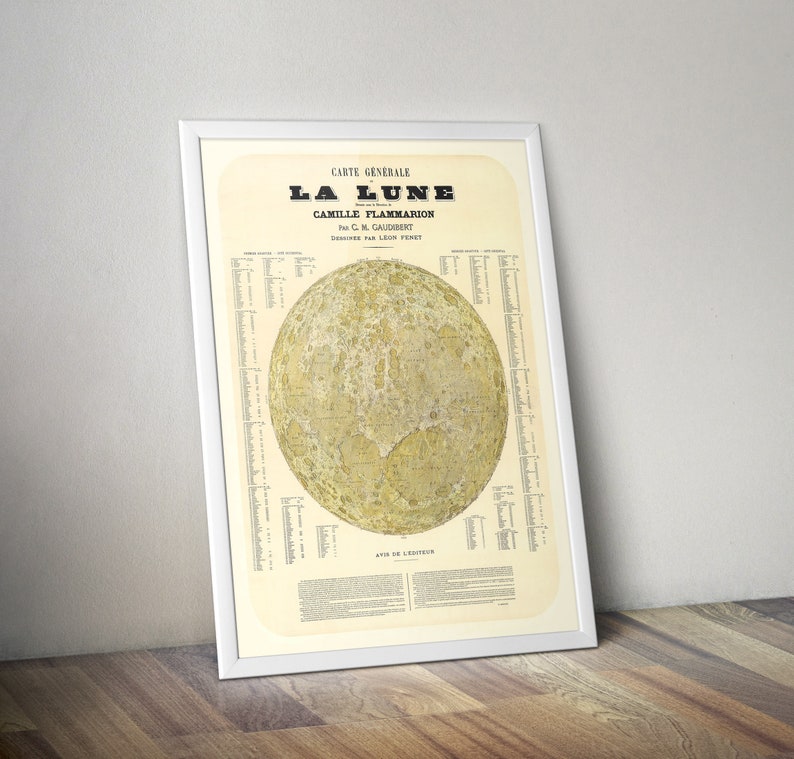 Moon Map Poster- Illustrated Print Showing Craters - Lunar Map - Carte ...