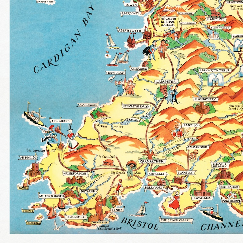 Wales Pictorial Map | Old Map Wall Print | Holyhead | Llandudno | Rhyl ...