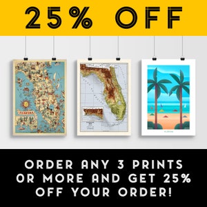 Florida Map - Vintage Style 1882 Elevation Map - 2D Print With 3D ...